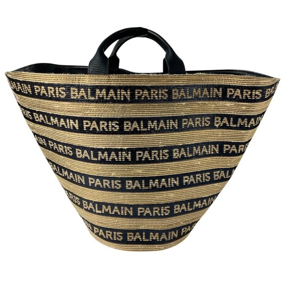 Balmain | Bags | Balmain Natural Black Striped Raffia Logo Beach Tote ...